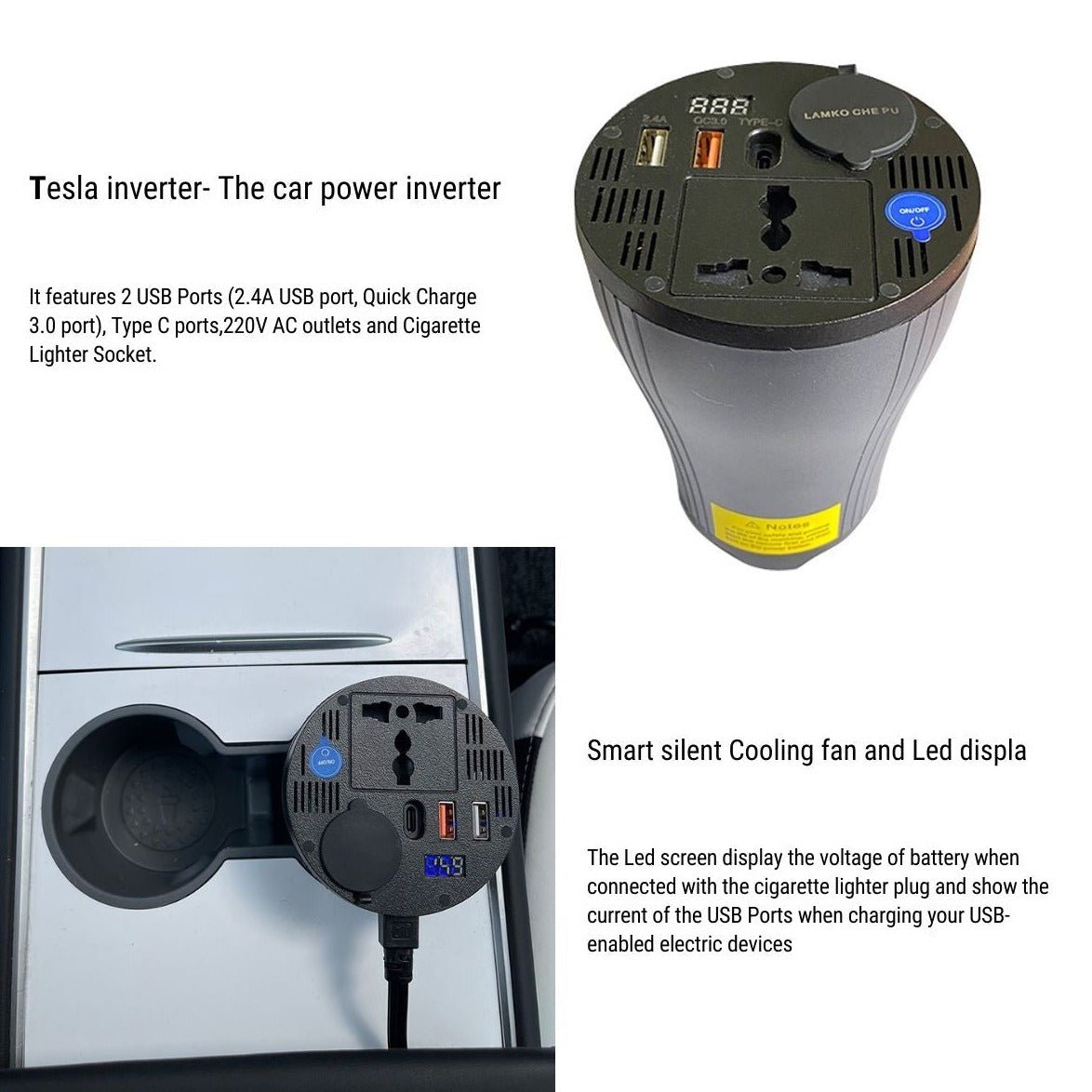 Tesla Model 3/Y 150W Car Power Inverter | AC & USB-C Charger